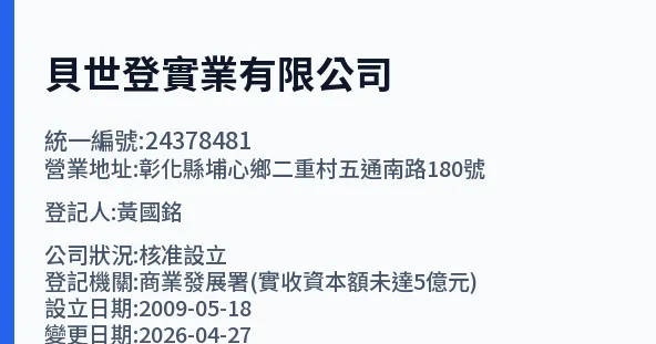 貝世登實業有限公司的照片-統編 24378481(彰化縣) 公司登記資料與營業項目詳細圖表