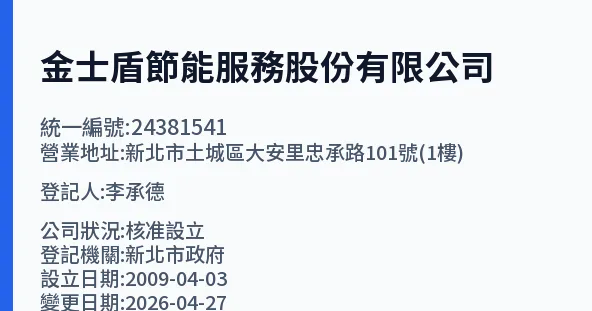 金士盾節能服務股份有限公司的照片-統編 24381541(新北市) 公司登記資料與營業項目詳細圖表