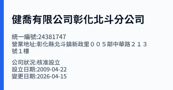 健喬有限公司彰化北斗分公司的照片-統編 24381747(彰化縣) 公司登記資料與營業項目詳細圖表