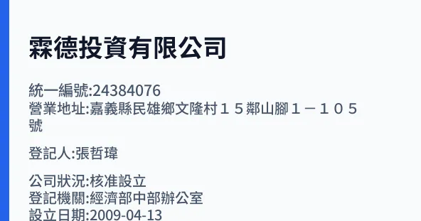 霖德投資有限公司的照片-統編 24384076(嘉義縣) 公司登記資料與營業項目詳細圖表