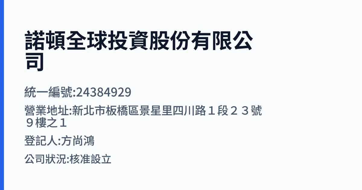 諾頓全球投資股份有限公司 - 統編 24384929(新北市) 公司登記資料與營業項目詳細圖表