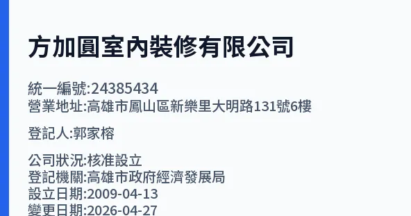 方加圓室內裝修有限公司的照片-統編 24385434(高雄市) 公司登記資料與營業項目詳細圖表