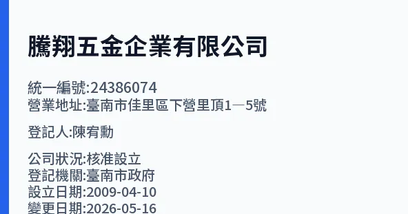 騰翔五金企業有限公司的照片-統編 24386074(臺南市) 公司登記資料與營業項目詳細圖表