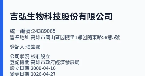 吉弘生物科技股份有限公司的照片-統編 24389065(高雄市) 公司登記資料與營業項目詳細圖表