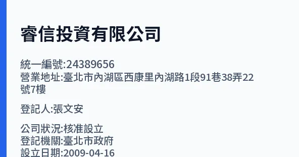 睿信投資有限公司的照片-統編 24389656(臺北市) 公司登記資料與營業項目詳細圖表