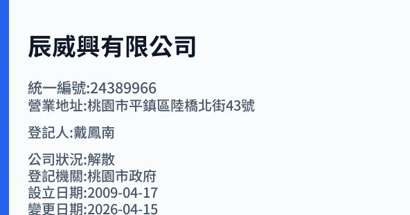 辰威興有限公司的照片-統編 24389966(桃園市) 公司登記資料與營業項目詳細圖表