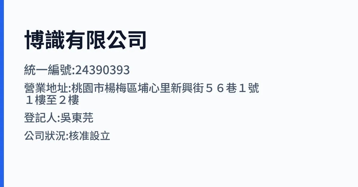 博識有限公司 - 統編 24390393(桃園市) 公司登記資料與營業項目詳細圖表