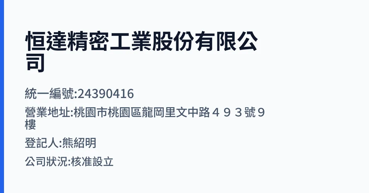 恒達精密工業股份有限公司 - 統編 24390416(桃園市) 公司登記資料與營業項目詳細圖表