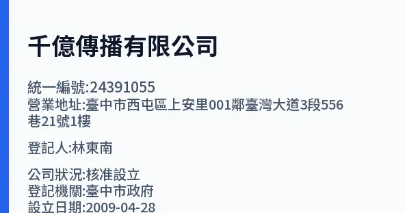千億傳播有限公司的照片-統編 24391055(臺中市) 公司登記資料與營業項目詳細圖表