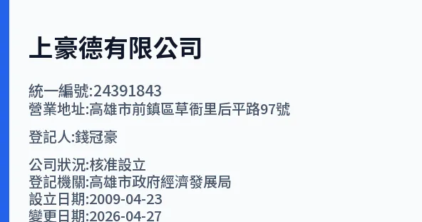 上豪德有限公司的照片-統編 24391843(高雄市) 公司登記資料與營業項目詳細圖表