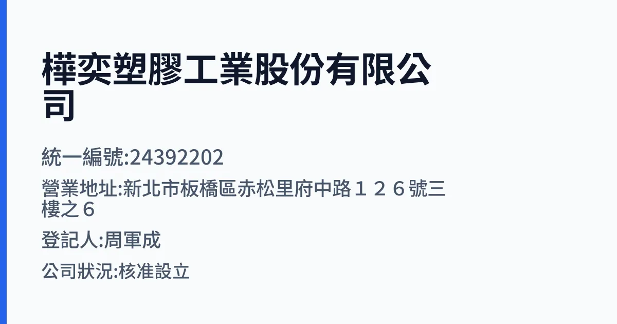 樺奕塑膠工業股份有限公司 - 統編 24392202(桃園市) 公司登記資料與營業項目詳細圖表