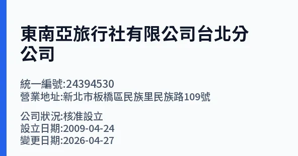 東南亞旅行社有限公司台北分公司的照片-統編 24394530(新北市) 公司登記資料與營業項目詳細圖表