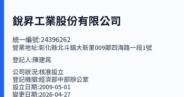 銳昇工業股份有限公司的照片-統編 24396262(彰化縣) 公司登記資料與營業項目詳細圖表