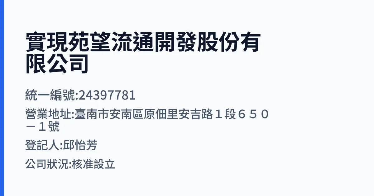 實現苑望流通開發股份有限公司 - 統編 24397781(臺南市) 公司登記資料與營業項目詳細圖表