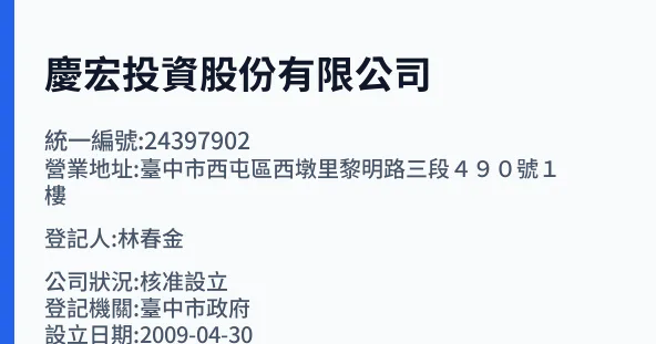 慶宏投資股份有限公司的照片-統編 24397902(臺中市) 公司登記資料與營業項目詳細圖表