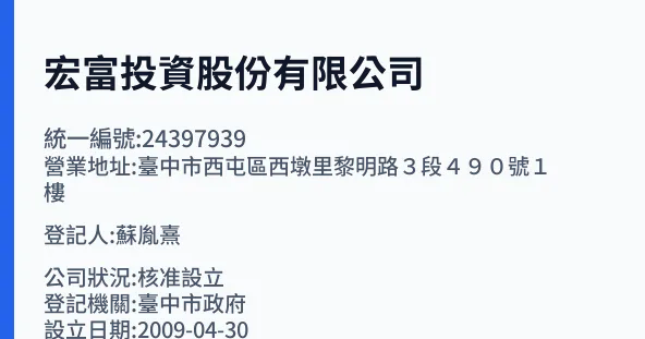 宏富投資股份有限公司的照片-統編 24397939(臺中市) 公司登記資料與營業項目詳細圖表