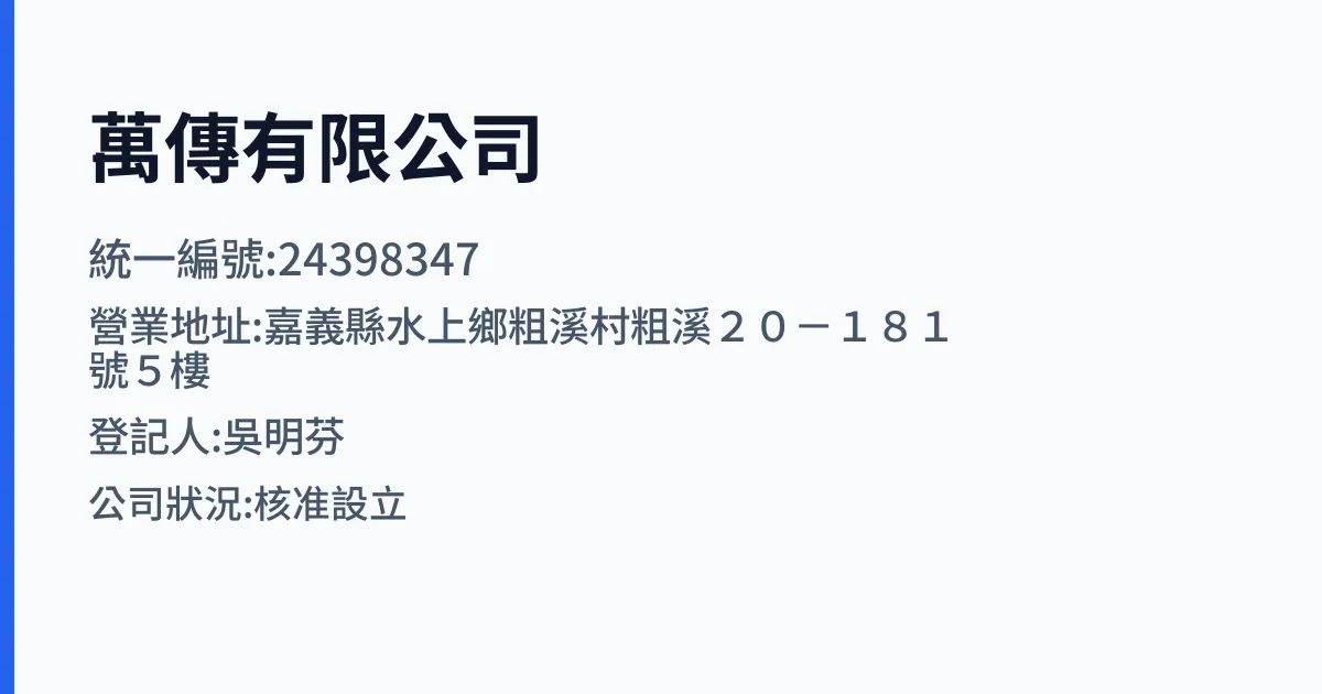 萬傳有限公司 - 統編 24398347(嘉義縣) 公司登記資料與營業項目詳細圖表