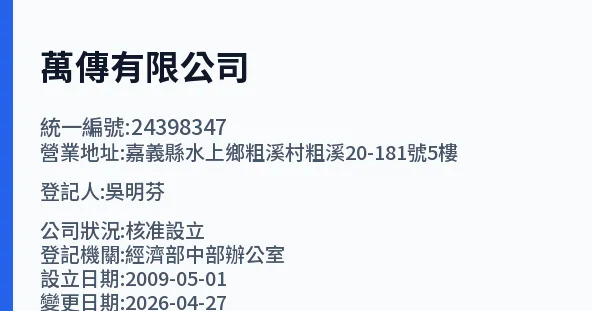 萬傳有限公司的照片-統編 24398347(嘉義縣) 公司登記資料與營業項目詳細圖表
