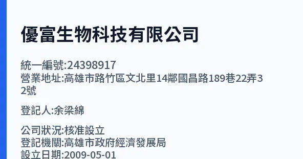 優富生物科技有限公司的照片-統編 24398917(高雄市) 公司登記資料與營業項目詳細圖表