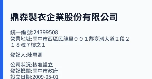 鼎森製衣企業股份有限公司的照片-統編 24399508(臺中市) 公司登記資料與營業項目詳細圖表
