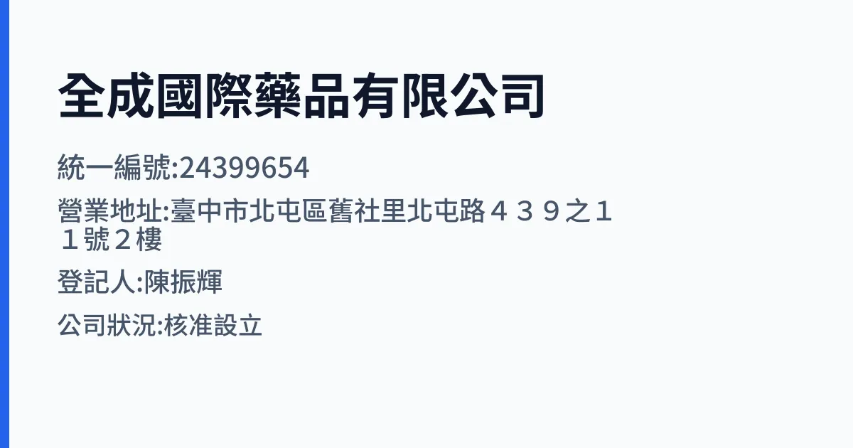 全成國際藥品有限公司 - 統編 24399654(臺中市) 公司登記資料與營業項目詳細圖表