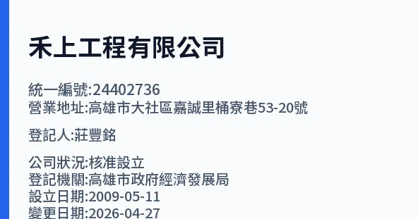 禾上工程有限公司的照片-統編 24402736(高雄市) 公司登記資料與營業項目詳細圖表