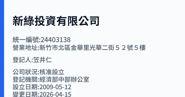 新綠投資有限公司的照片-統編 24403138(新竹市) 公司登記資料與營業項目詳細圖表
