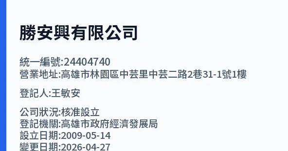 勝安興有限公司的照片-統編 24404740(高雄市) 公司登記資料與營業項目詳細圖表