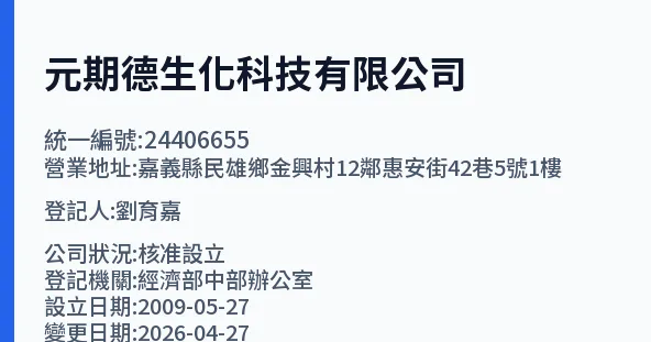 元期德生化科技有限公司的照片-統編 24406655(嘉義縣) 公司登記資料與營業項目詳細圖表