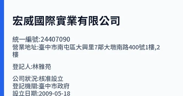 宏威國際實業有限公司的照片-統編 24407090(臺中市) 公司登記資料與營業項目詳細圖表