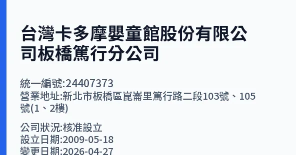 台灣卡多摩嬰童館股份有限公司板橋篤行分公司的照片-統編 24407373(新北市) 公司登記資料與營業項目詳細圖表