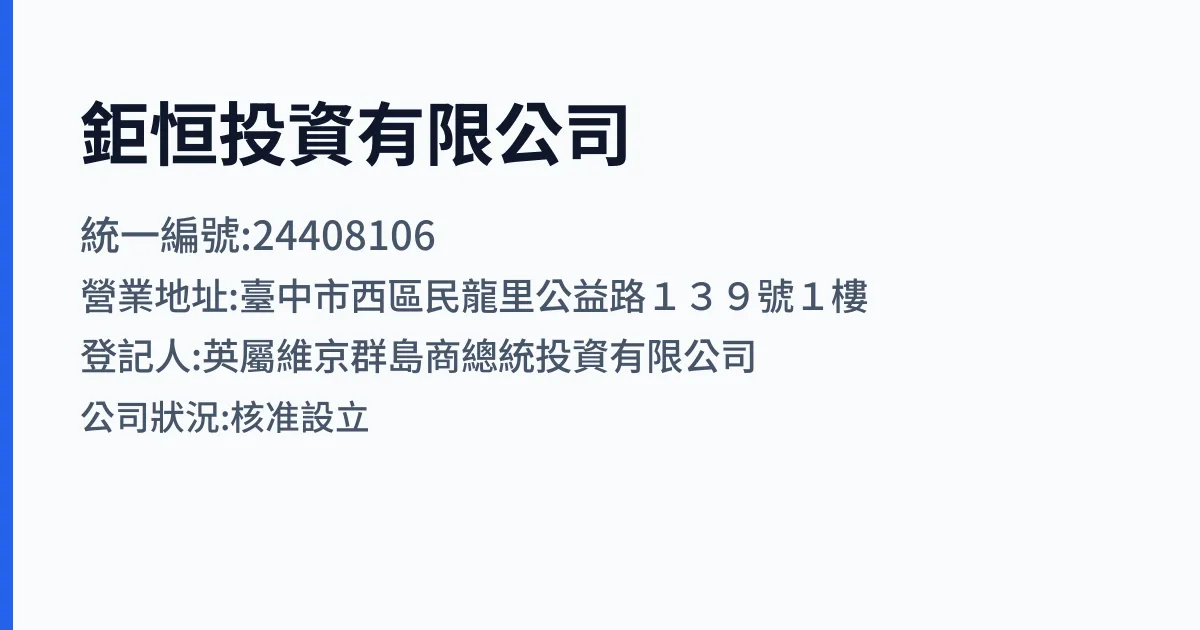 鉅恒投資有限公司 - 統編 24408106(臺中市) 公司登記資料與營業項目詳細圖表