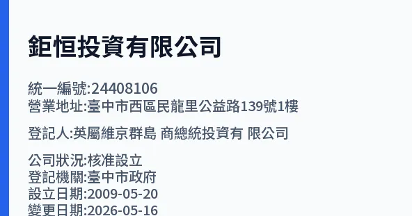 鉅恒投資有限公司的照片-統編 24408106(臺中市) 公司登記資料與營業項目詳細圖表