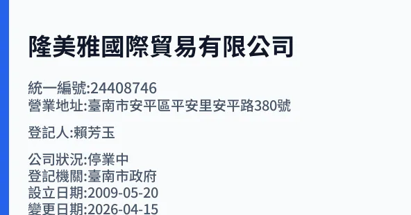 隆美雅國際貿易有限公司的照片-統編 24408746(臺南市) 公司登記資料與營業項目詳細圖表