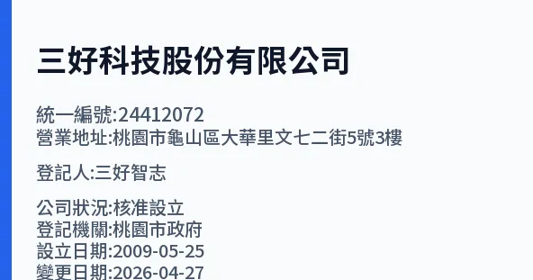三好科技股份有限公司的照片-統編 24412072(桃園市) 公司登記資料與營業項目詳細圖表