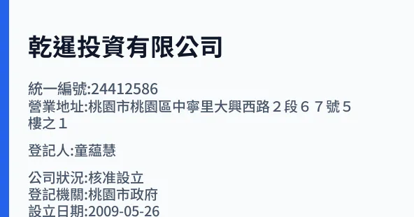 乾暹投資有限公司的照片-統編 24412586(桃園市) 公司登記資料與營業項目詳細圖表