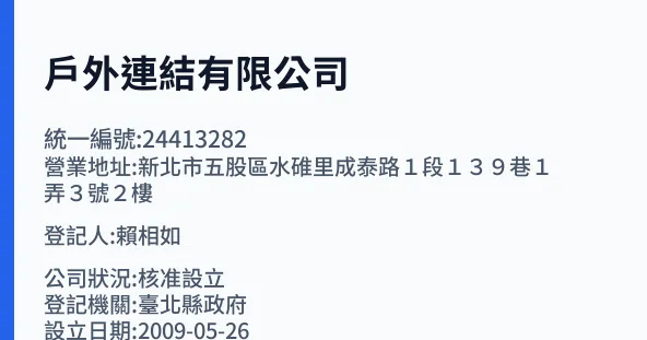 戶外連結有限公司 - 統編 24413282(新北市) 公司登記資料與營業項目詳細圖表
