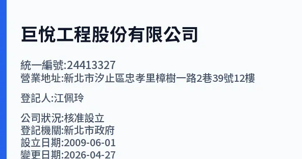 巨悅工程股份有限公司的照片-統編 24413327(新北市) 公司登記資料與營業項目詳細圖表