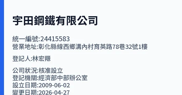 宇田鋼鐵有限公司的照片-統編 24415583(彰化縣) 公司登記資料與營業項目詳細圖表