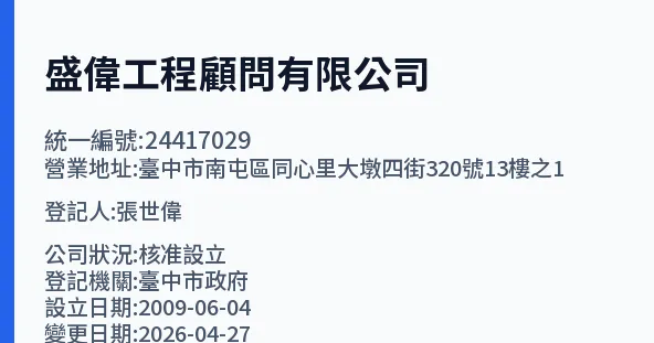 盛偉工程顧問有限公司的照片-統編 24417029(臺中市) 公司登記資料與營業項目詳細圖表