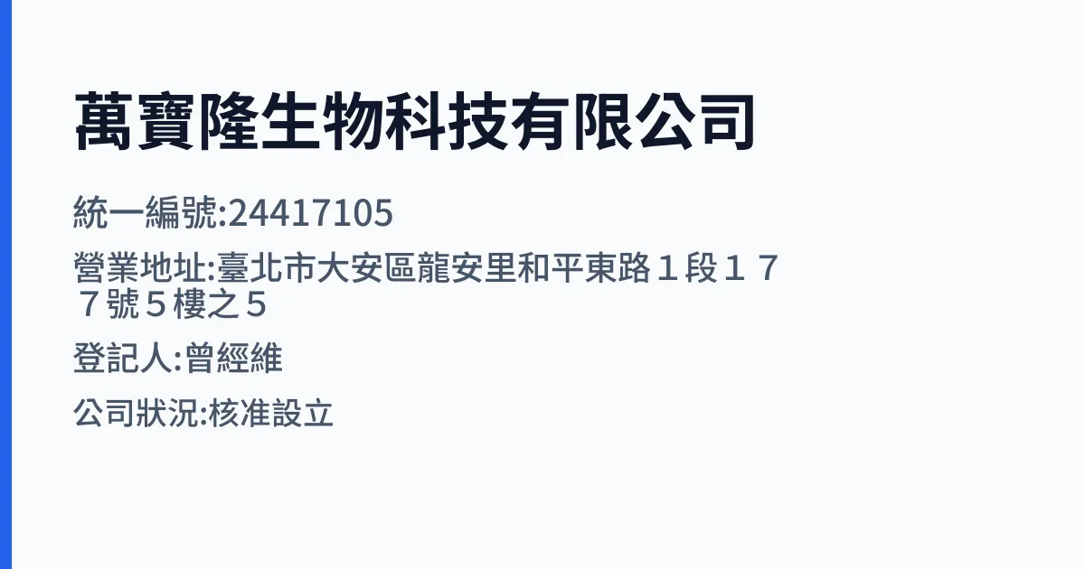 萬寶隆生物科技有限公司 - 統編 24417105(臺北市) 公司登記資料與營業項目詳細圖表
