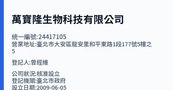 萬寶隆生物科技有限公司的照片-統編 24417105(臺北市) 公司登記資料與營業項目詳細圖表