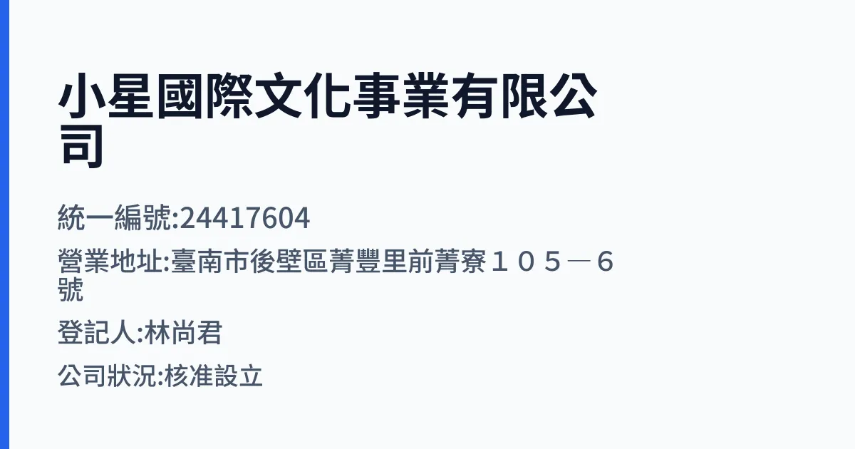 小星國際文化事業有限公司 - 統編 24417604(臺南市) 公司登記資料與營業項目詳細圖表