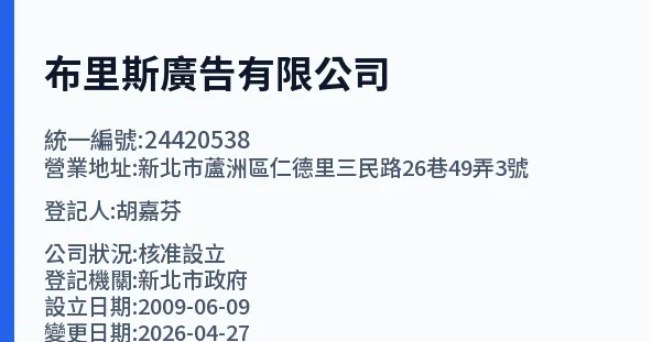 布里斯廣告有限公司的照片-統編 24420538(新北市) 公司登記資料與營業項目詳細圖表
