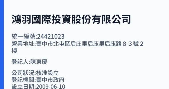 鴻羽國際投資股份有限公司的照片-統編 24421023(臺中市) 公司登記資料與營業項目詳細圖表