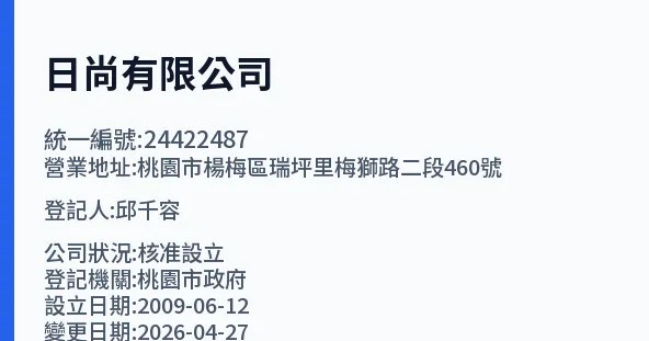 日尚有限公司的照片-統編 24422487(桃園市) 公司登記資料與營業項目詳細圖表