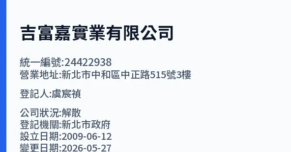 吉富嘉實業有限公司的照片-統編 24422938(新北市) 公司登記資料與營業項目詳細圖表