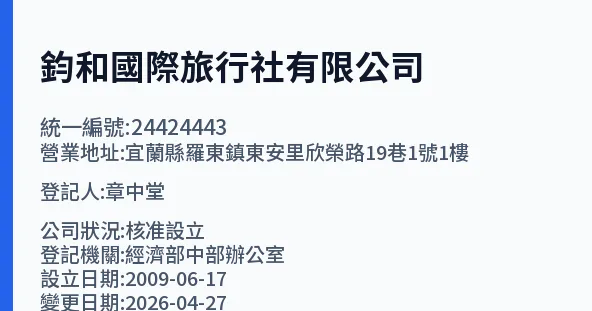 鈞和國際旅行社有限公司的照片-統編 24424443(宜蘭縣) 公司登記資料與營業項目詳細圖表