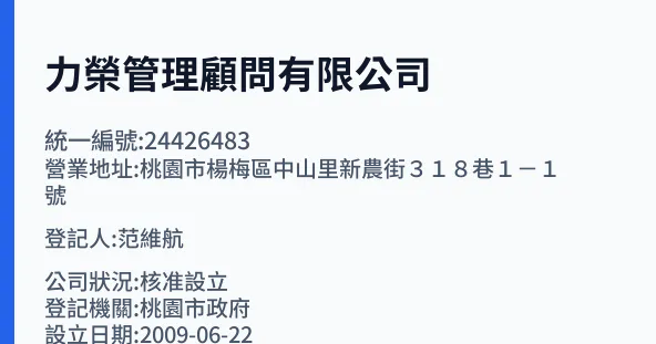 力榮管理顧問有限公司的照片-統編 24426483(桃園市) 公司登記資料與營業項目詳細圖表