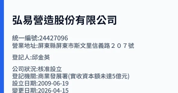 弘易營造股份有限公司的照片-統編 24427096(屏東縣) 公司登記資料與營業項目詳細圖表
